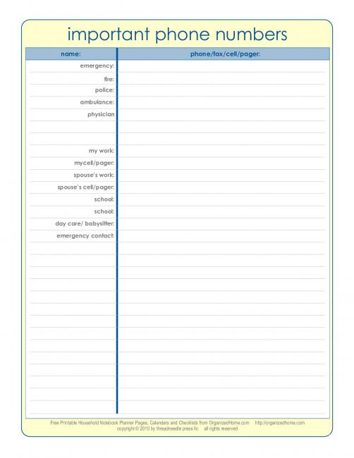 Printable Emergency Phone Numbers List Printable Emergency Phone Numbers List